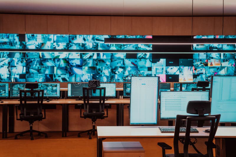 Empty Interior of Big Modern Security System Control Room, Workstation ...