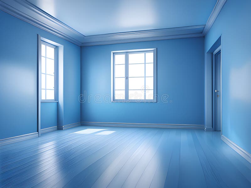 Empty Interior with Blue Windows and Empty Room, 3d Render Stock Photo ...
