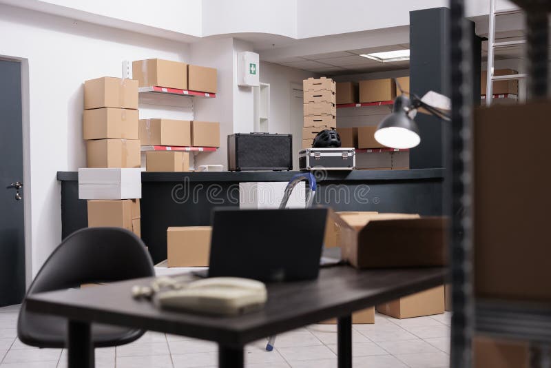 Empty Interior of Huge Distribution Warehouse with High Shelves Full ...