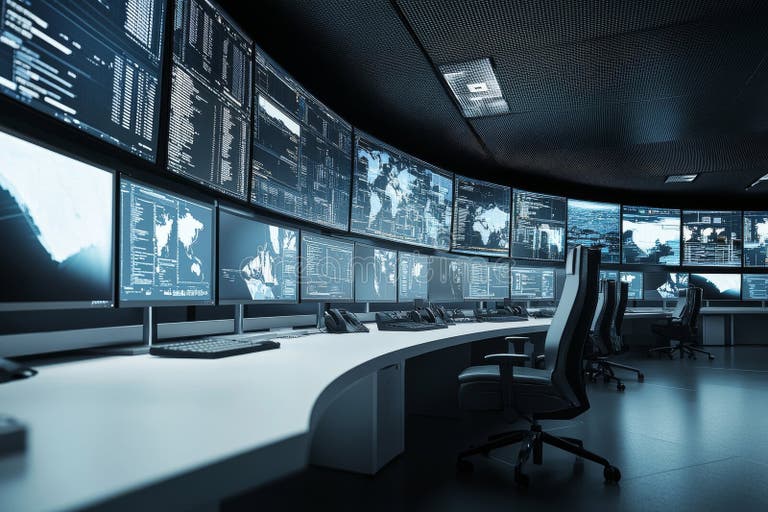 An Empty Interior of a Large Modern Security System Control Room, with ...