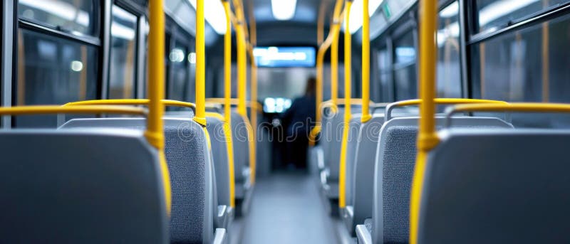 Empty Interior of Modern City Bus with Yellow Handrails Stock ...