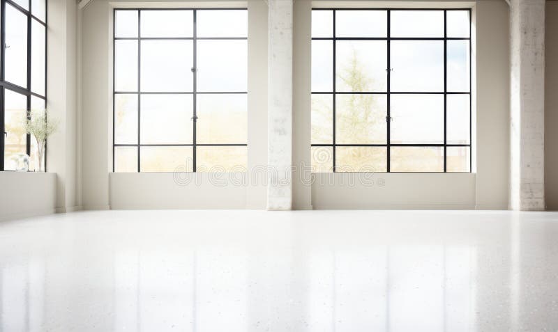 Empty Interior Room Space, Big Windows, Concrete Floor with a Large ...