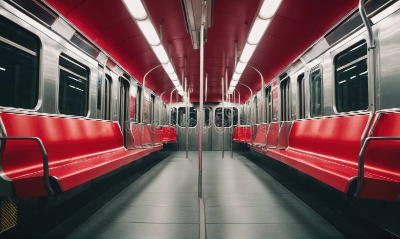 The Empty Interior of a Subway Car with Red Seats and a Bright Ceiling ...