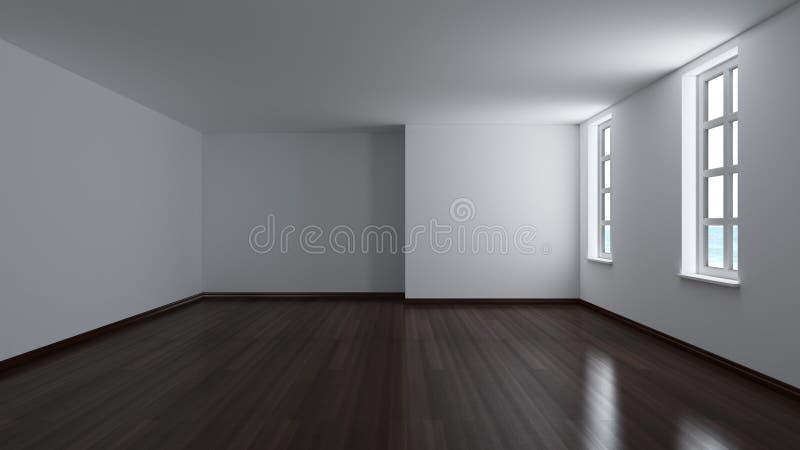 Empty Interior with Two White Windows, White Plastered Walls and Dark ...