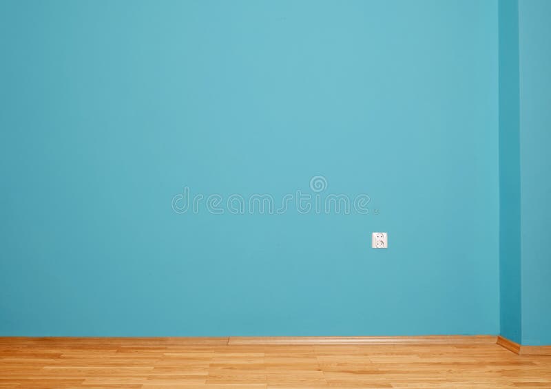 Empty Interior with Wooden Floor, Plug in Wall and Blue Wall Stock ...