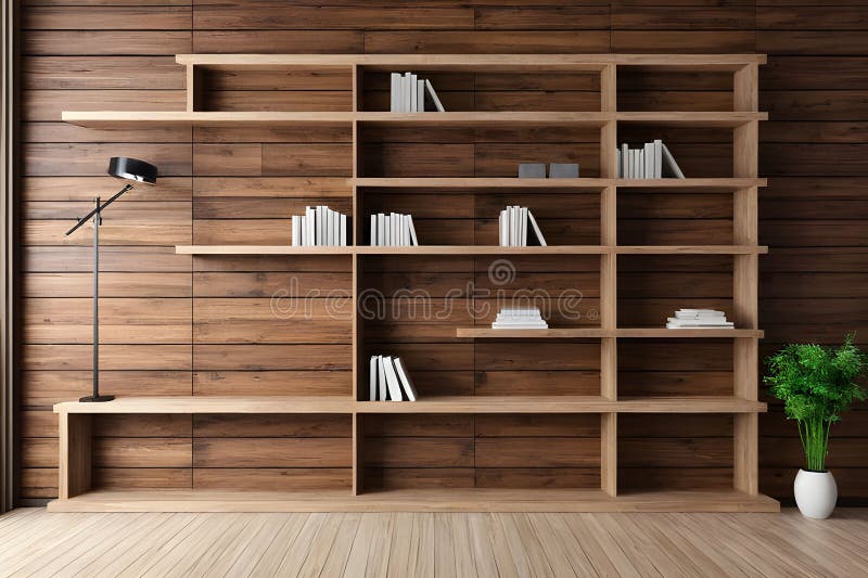 Empty Interior with Wooden Wall Bookcase Stock Photo - Image of ...