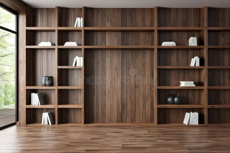 Empty Interior with Wooden Wall Bookcase Stock Image - Image of floor ...