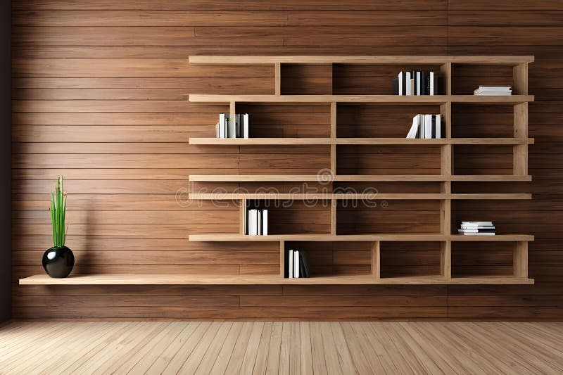 Empty Interior with Wooden Wall Bookcase Stock Image - Image of amphora ...