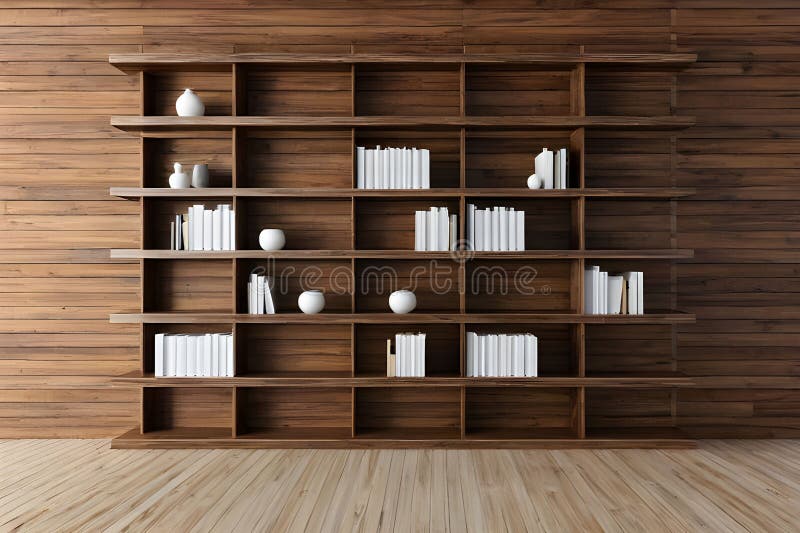 Empty Interior with Wooden Wall Bookcase Stock Photo - Image of lounge ...
