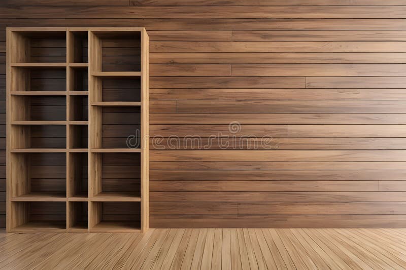 Empty Interior with Wooden Wall Bookcase Stock Photo - Image of amphora ...