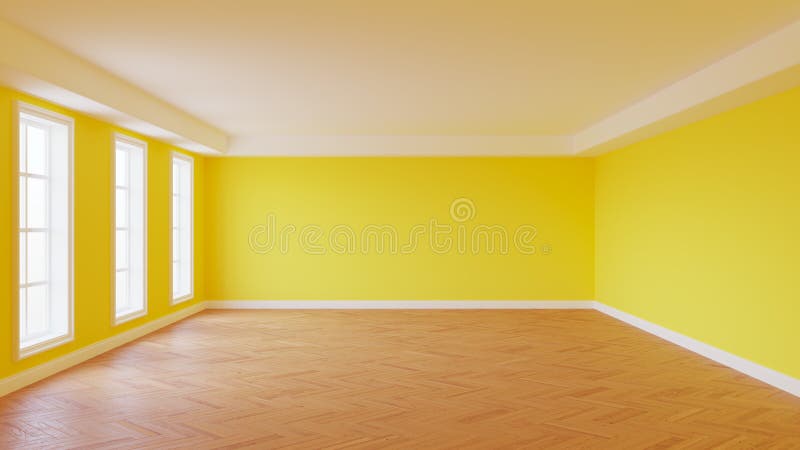 Empty Interior with Yellow Walls, White Ceiling and Cornice, Three ...