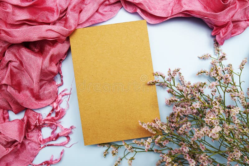 Empty Invitation Card Mockup with Flower and Pink Scarf on Blue ...