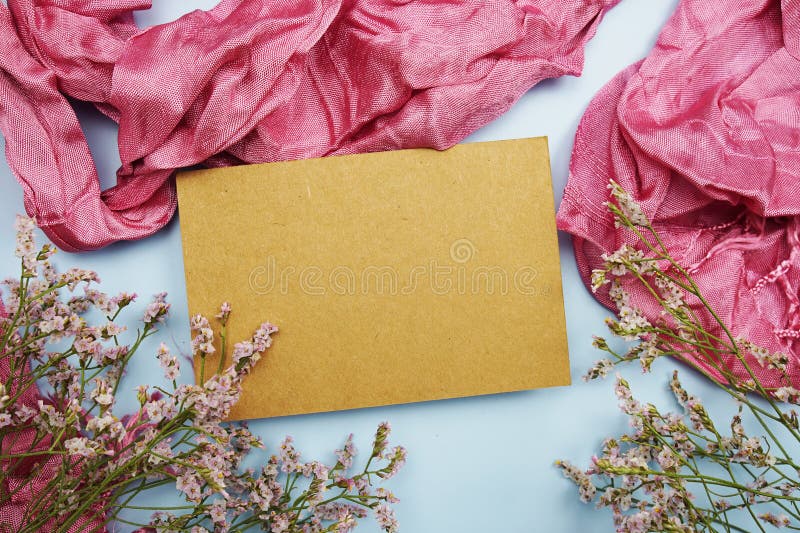 Empty Invitation Card Mockup with Flower and Pink Scarf on Blue ...