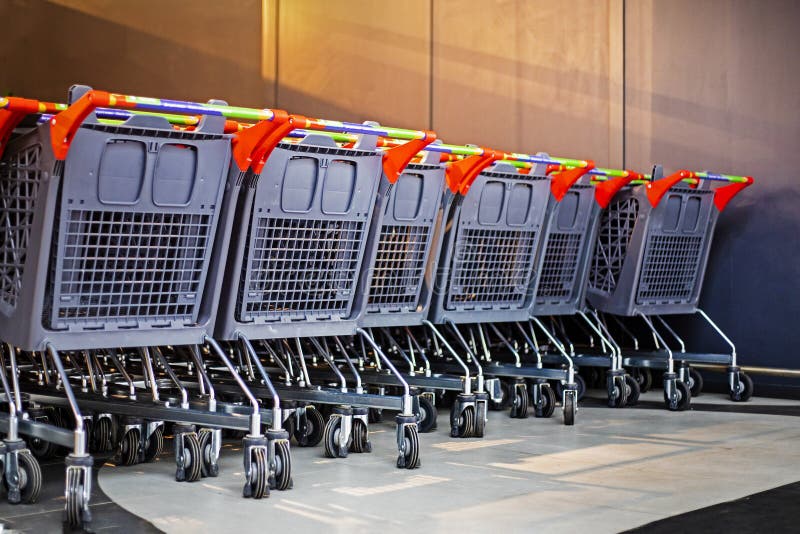 Empty Iron Carts Stacked in a Row in the Corner of a Supermarket Stock ...