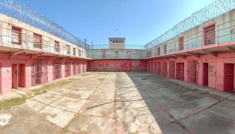 Empty Jail Cells Surrounding Prison Yard with Barbed Wire Stock Photo ...