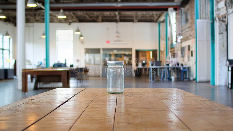Empty Jar on Wood Table, Industrial Workspace Background Stock Photo ...