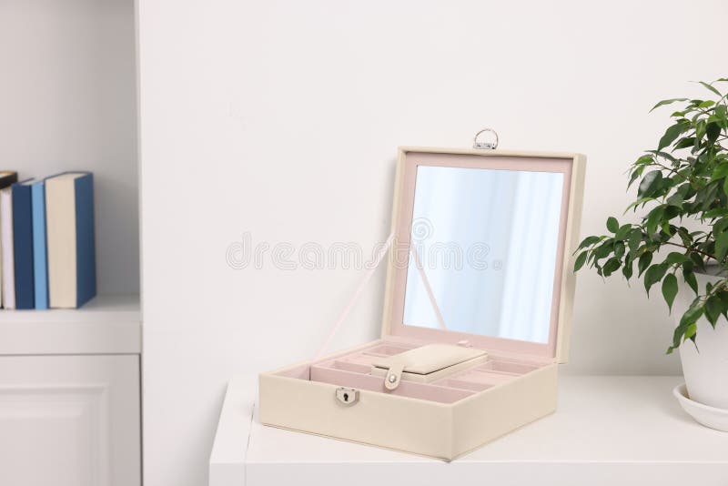 Empty Jewelry Box with Mirror and Houseplant on White Table Stock Image ...