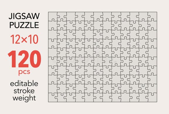 Empty Jigsaw Puzzle Grid Template, 12x10 Shapes, 120 Pieces. Separate ...