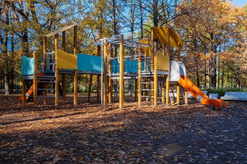 An Empty Kids` Playground in the Autumn Park Stock Image - Image of ...
