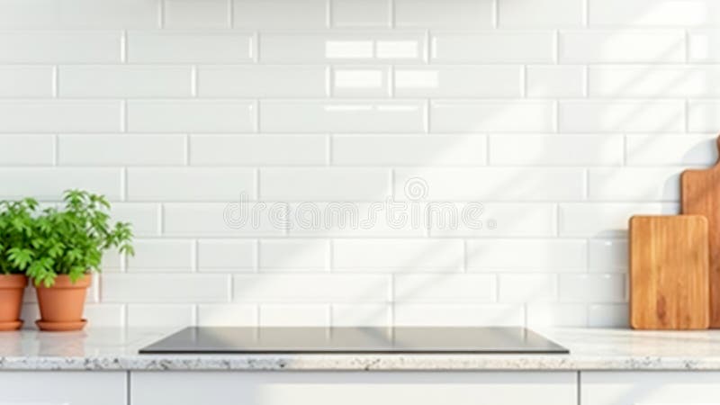 Empty Kitchen Counter with Stove, White Tile Backsplash and Minimal ...