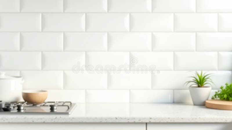 Empty Kitchen Counter with White Tile Backsplash and Minimal Decor ...