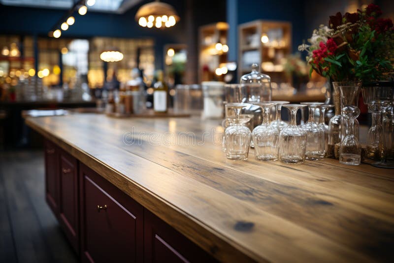Empty Kitchen Counter Worktop for Product Display. Blurred Background ...