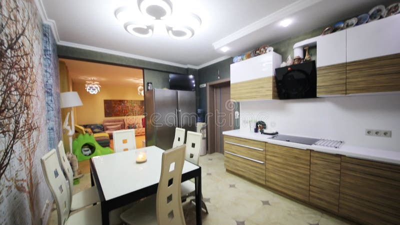 Empty Kitchen with Dinner Table, Fridge in Modern Stock Video - Video ...