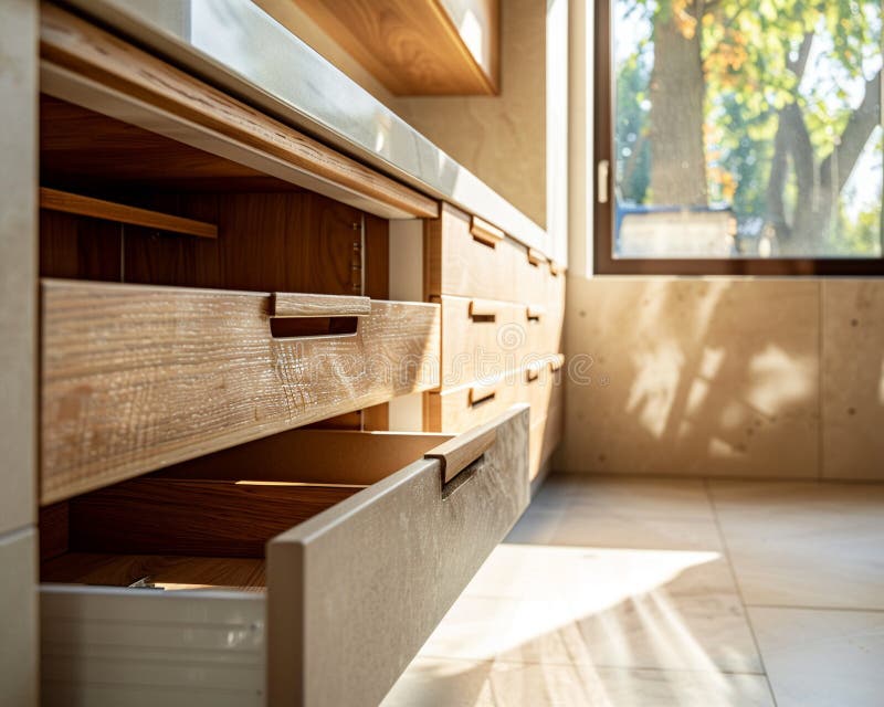 Empty Kitchen with Open Cabinets and Drawers, Soft Natural Light, Wide ...