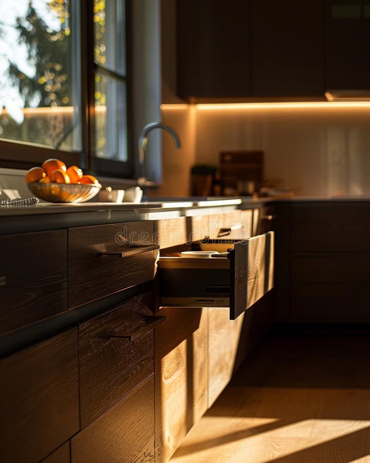 Empty Kitchen, Open Drawers and Cupboards, Soft Backlight, Side Angle ...