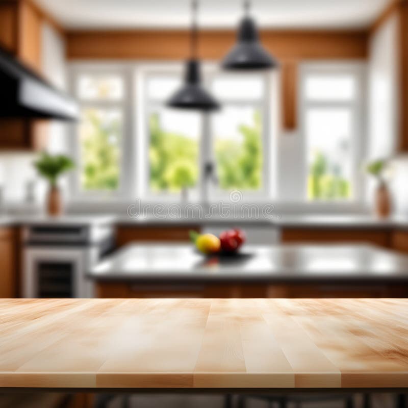 Empty Kitchen Table and Blurred Kitchen Background Stock Illustration ...