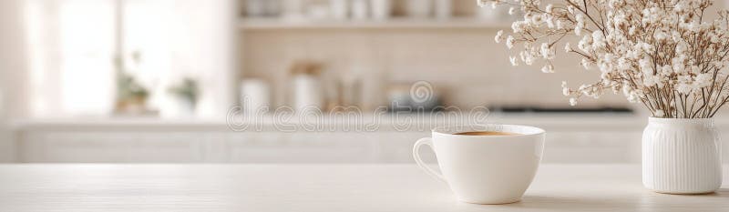 Empty Kitchen Table with Cup of Coffee in Bright Home Interior with ...