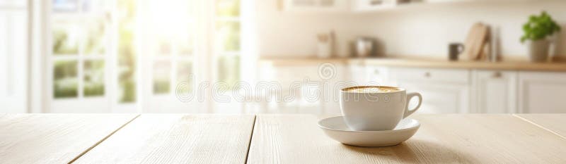 Empty Kitchen Table with Cup of Coffee in Bright Home Interior with ...