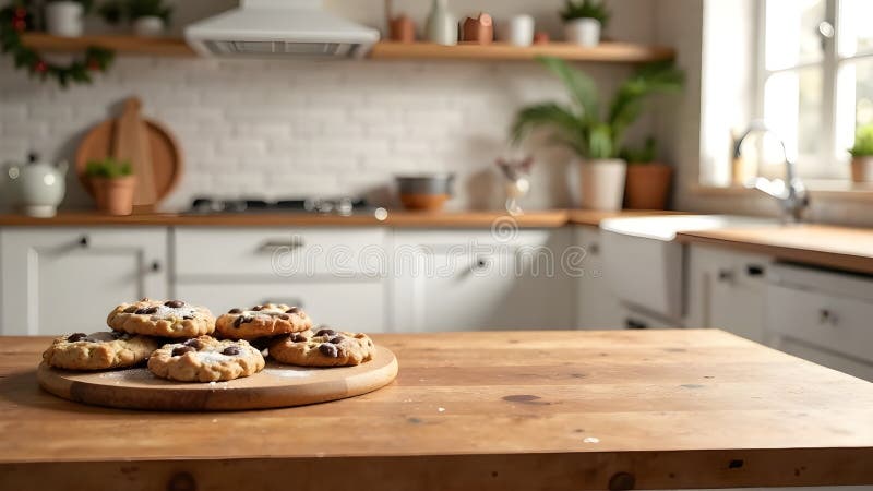 Empty Kitchen Table for Presentation, Christmas Cookies on the Edge of ...
