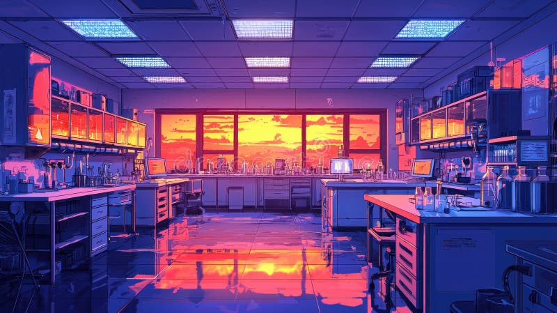 Empty Lab Room with a Large Window Overlooking a Vibrant Sunset Stock ...