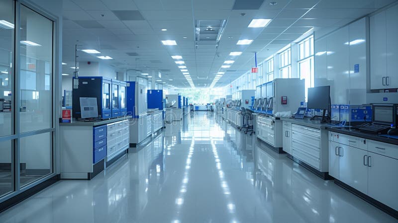 Empty Laboratory Corridor with White Walls and Bright Lighting Stock ...