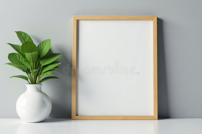 Empty Landscape Wood Frame Mockup; Vase with Greenery on Grey Wall ...
