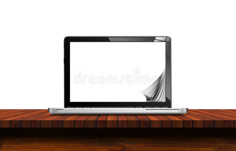 Empty Laptop Computer on a Wooden Table Isolated on White Background ...