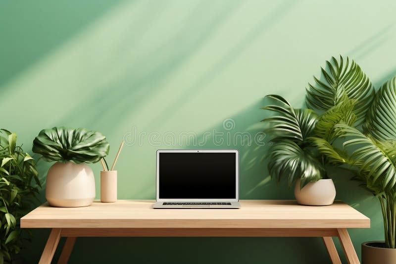 Empty Laptop Screen on Desk with Green Mockup Background. AI Stock ...