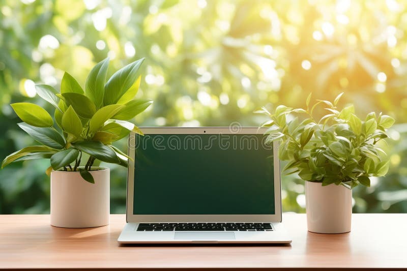 Empty Laptop Screen on Desk with Green Mockup Background. AI Stock ...