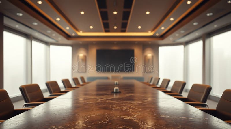 Empty Large Conference Room with Long Table, Chairs, Big Windows and TV Screen Stock ...