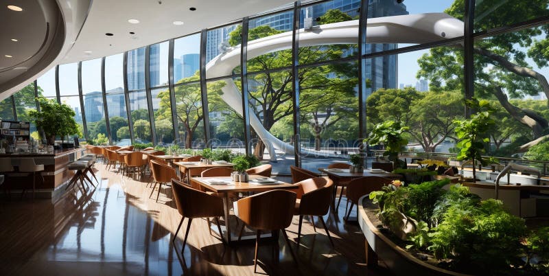 Empty Large Modern Cafeteria with Eco Interior and Large Windows with ...