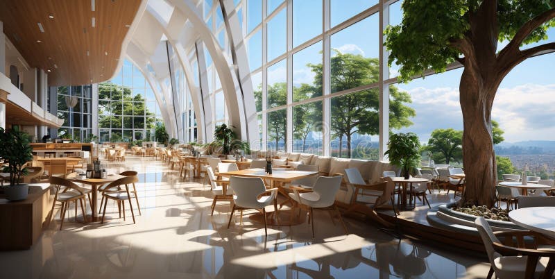 Empty Large Modern Cafeteria with Eco Interior and Large Windows with ...