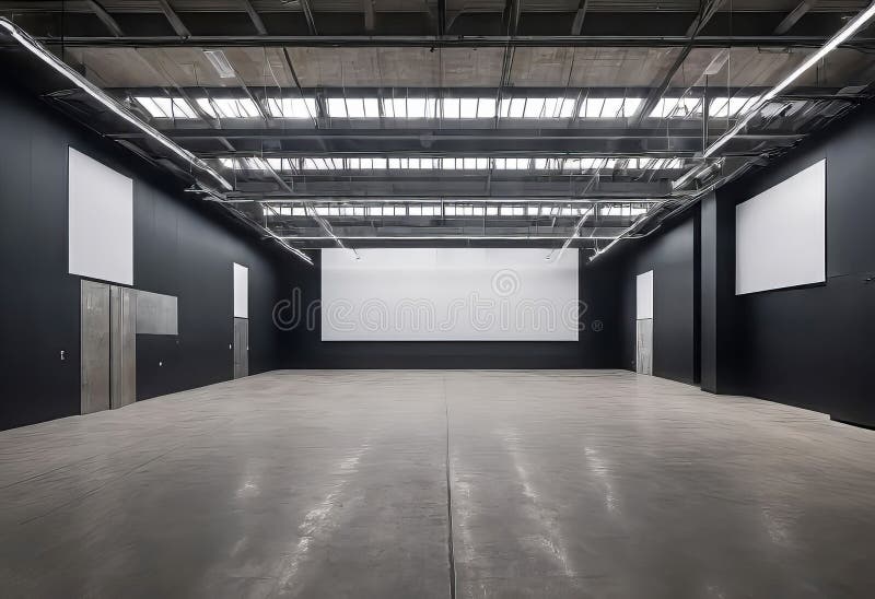 Empty Large Space with White Ceilings and Black Walls. the Floor is of ...