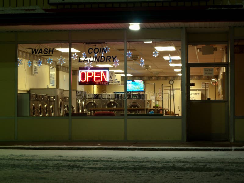 Empty laundromat at night editorial stock photo. Image of washers ...