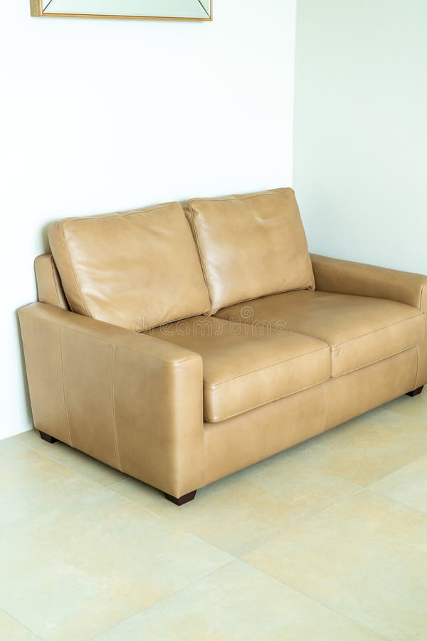 Empty Leather Sofa in Living Room Stock Image - Image of brick, space ...