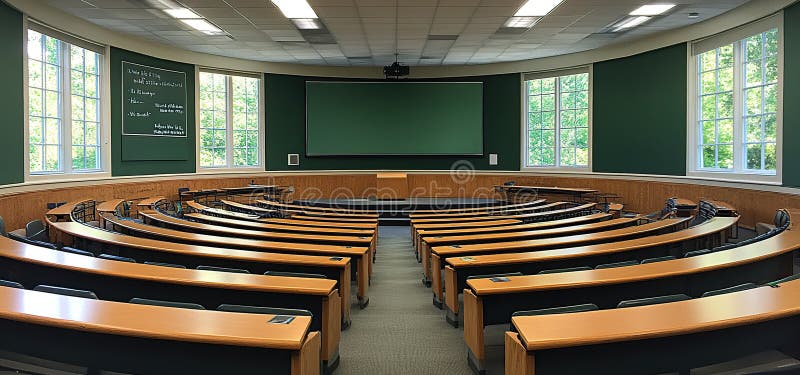 Empty Lecture Hall with Curved Rows of Desks, a Projector Screen, and ...