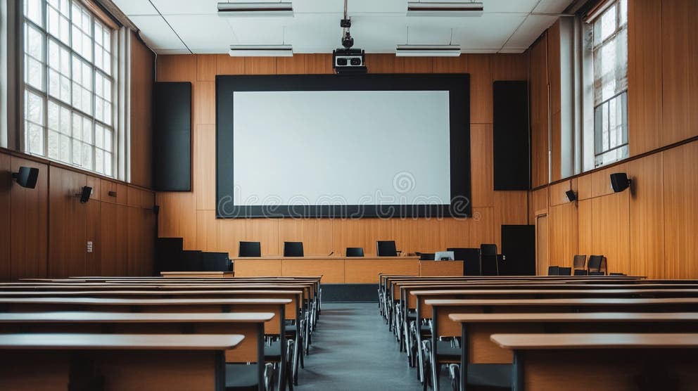 Empty Lecture Hall with Large Projection Screen Wooden Desks Modern ...