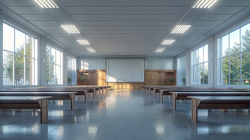 Empty Lecture Hall with Large Windows and a Projector Screen Stock ...