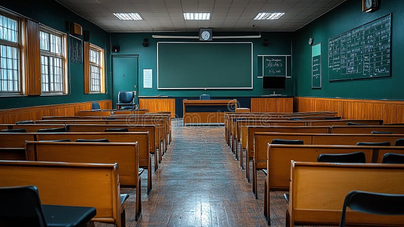 Empty Lecture Hall with Rows of Seats and a Green Board Stock ...