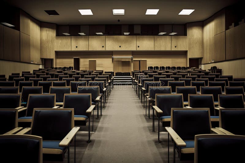 Empty Lecture Hall with Wooden Chairs and Blackboard on the Wall Stock ...